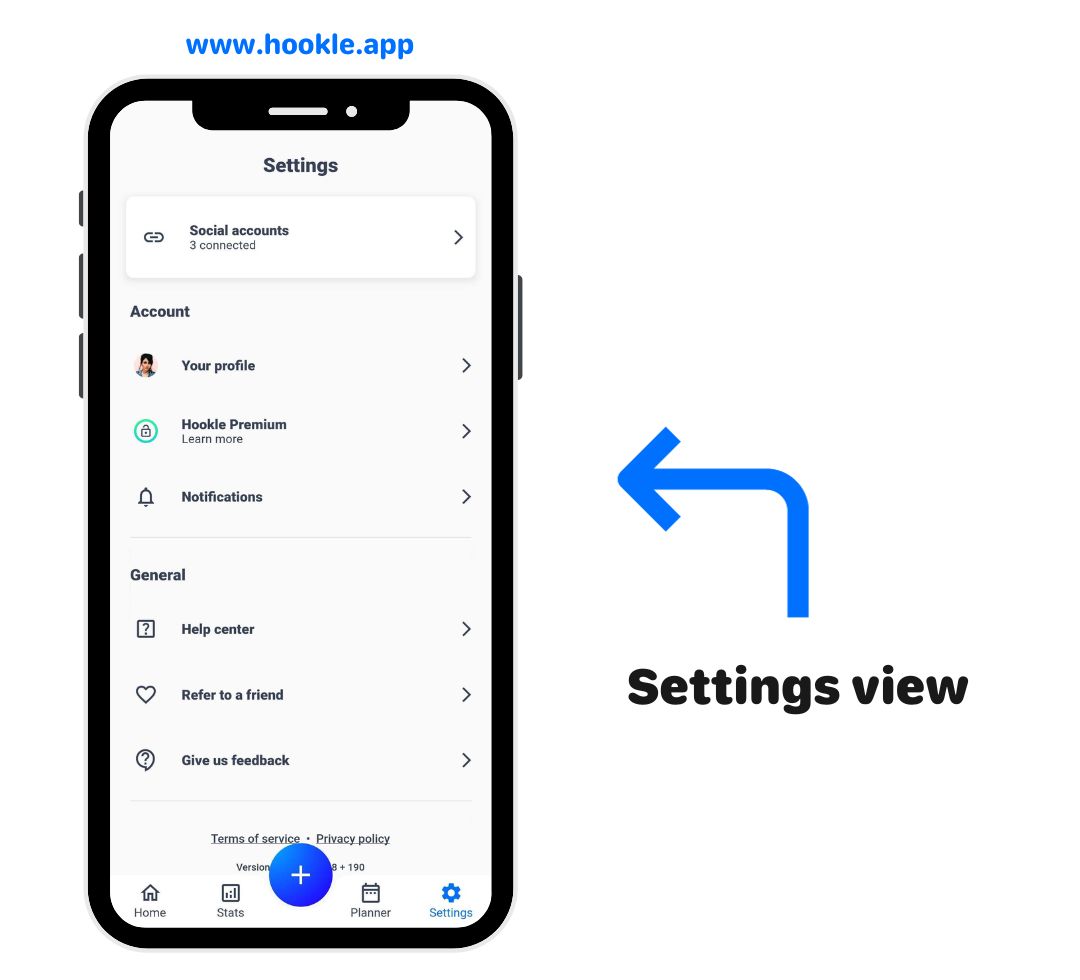 Settings view – Hookle